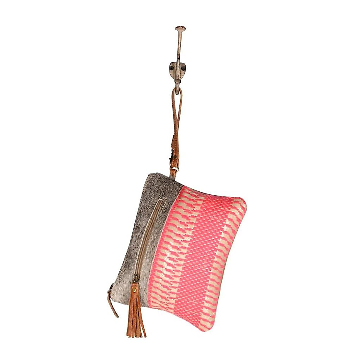 Myra Bags Charismatic Pink Canvas, Rug, Leather & Hairon Pouch Wristlet S-1944