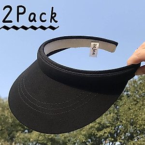 2 Pack Visors Womens Sun Hat UV Protection Men Cloth Clip On Visors Cap Adjustable Sport Wide Brim Golf (Black)