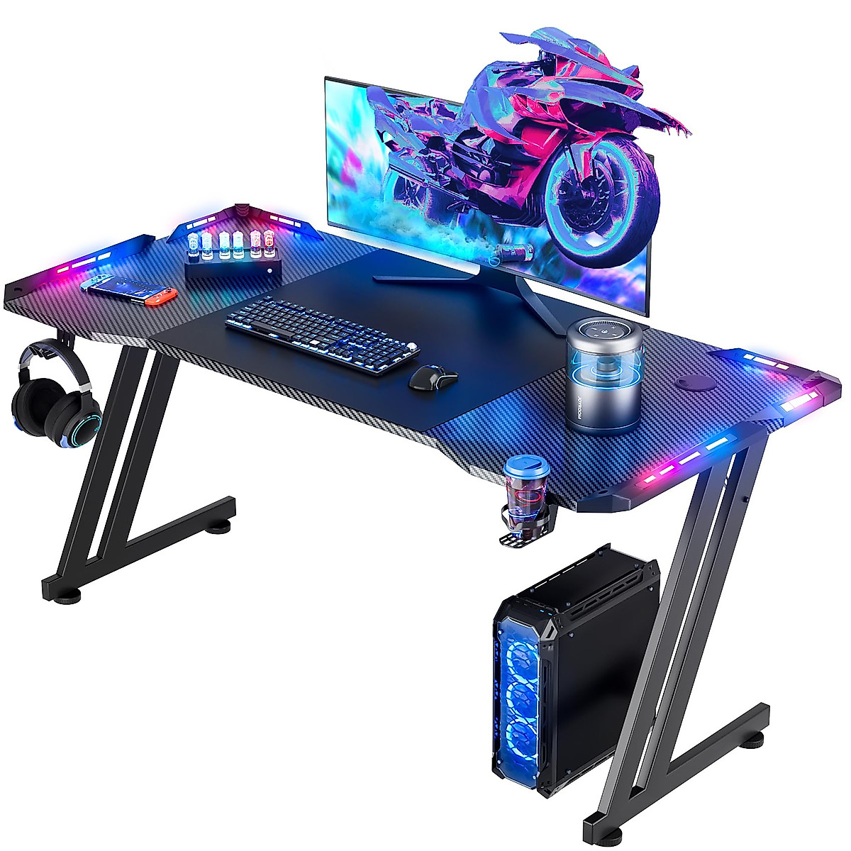 HLDIRECT 55 Inch Gaming Desk with LED Lights Carbon Fibre Surface Gaming Table Large Computer Desk Ergonomic Home Office Desks Z Shaped PC Gamer Workstations with Cup Holder & Headphone Hook Black