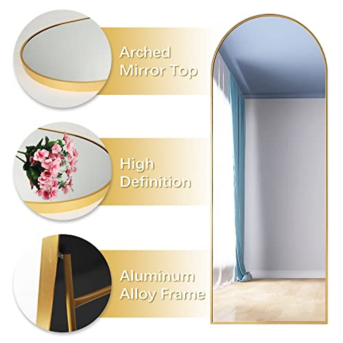 LFT HUIMEI2Y Arched Full Length Mirror, 65"x23.6" Full Body Mirror with Stand or Leaning Against Wall,Mirror with Aluminum Alloy Frame for Bedroom or Living Room, Gold