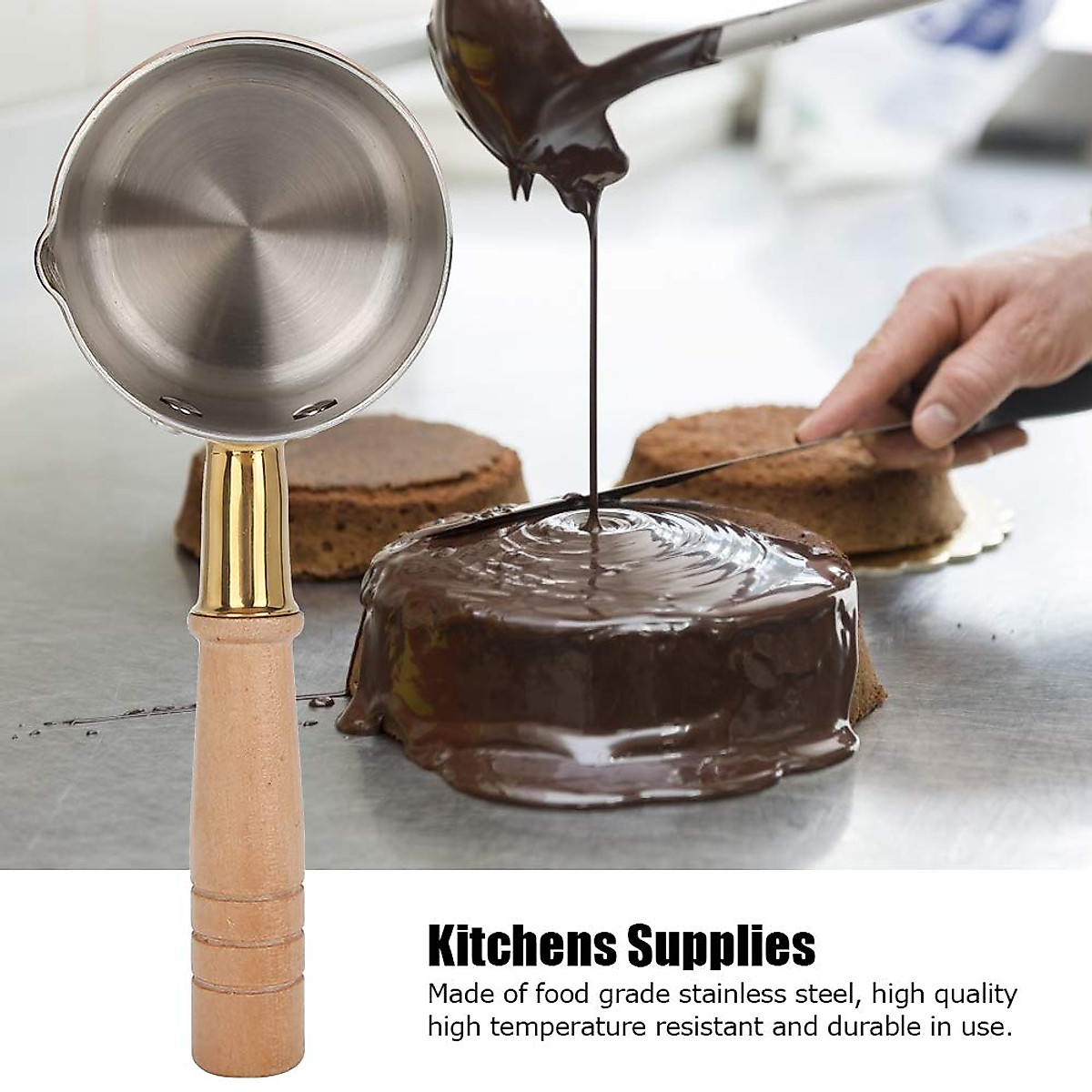 330ml Milk Pot Gold Stainless Steel Flat Bottom Butter Melting Pot with Wooden Handle, Mini Sauce Pan Coffee Warmer Pot for Chocolate Melting