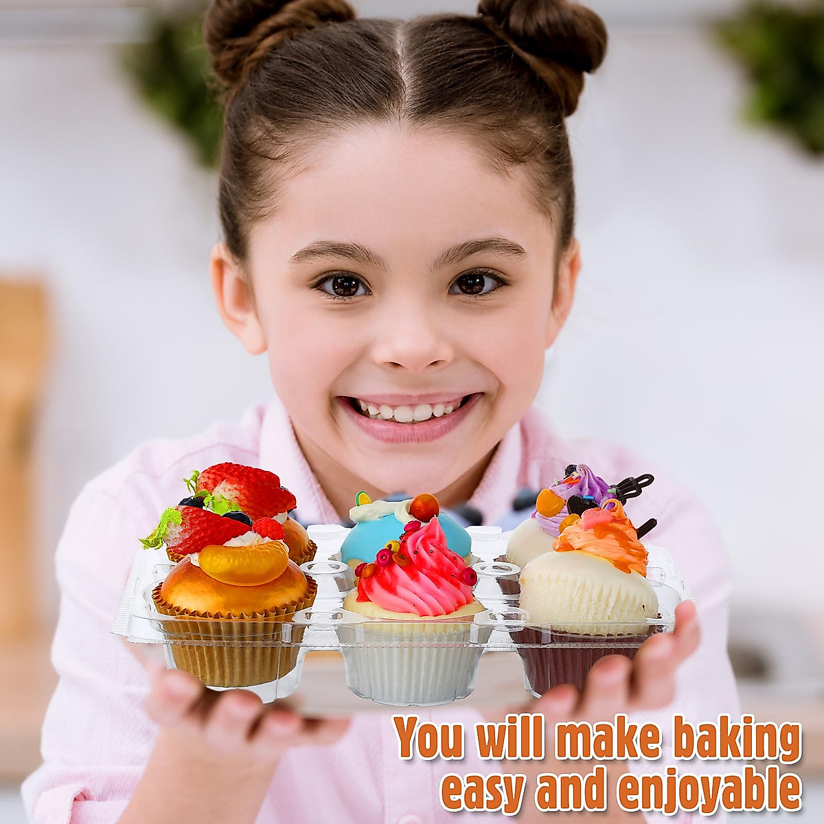Uiifan 25 Pcs x 6 Counts Stackable Cupcake Carrier Holders with 300 Cupcake Liners and 150 Spoons, Plastic Cupcake Boxes for 6 Cupcakes Clear Disposable Container with Detachable Tall Dome Lid