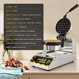 Dyna-Living Belgian Waffle Maker Commercial Intelligent Round Waffle Maker Rotating 180° Nonstick Flip Waffle Iron Machine Professional Commercial Waffle Maker for Restaurant 110V 1250W