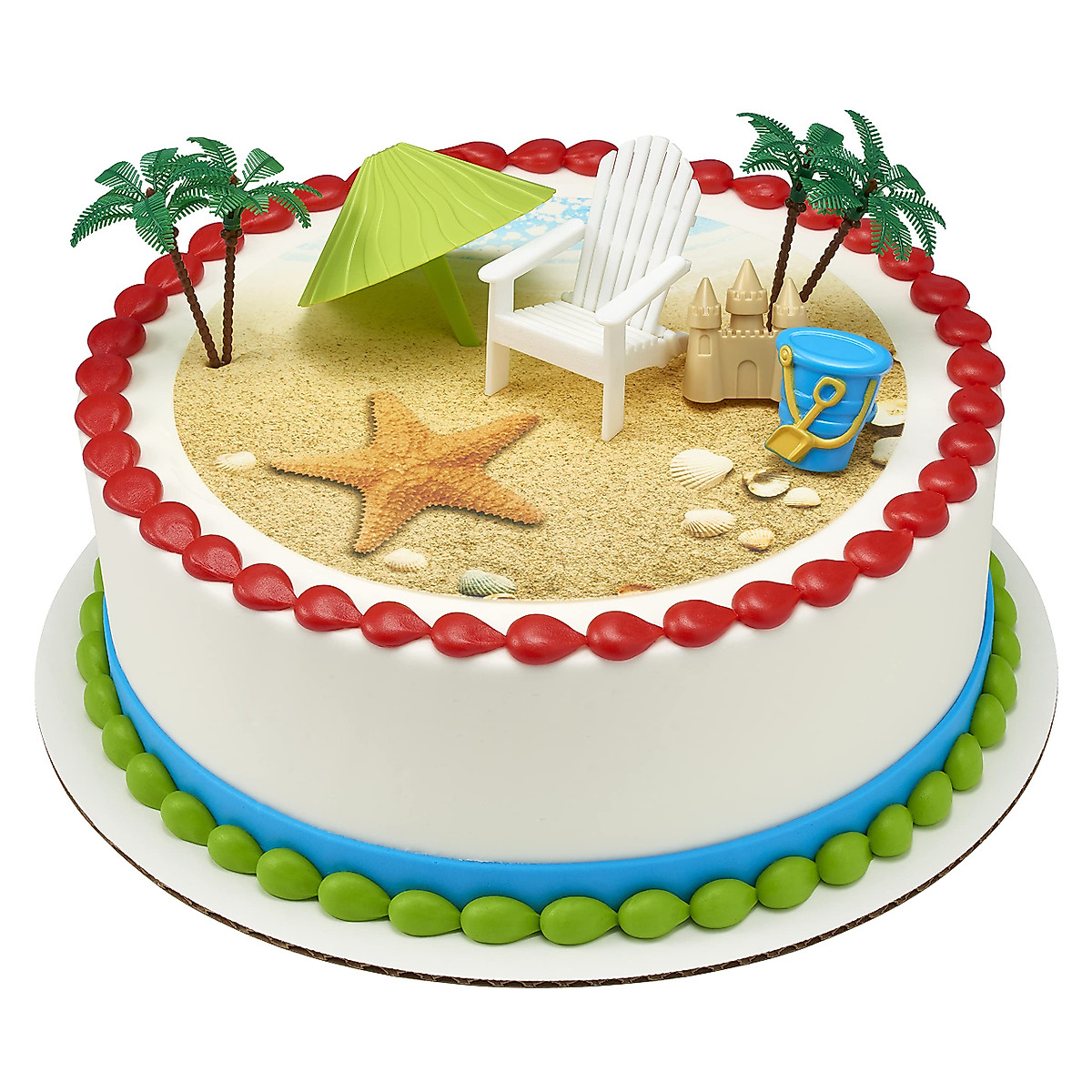 DecoSet® Beach Chair and Umbrella Tropical Beach Cake Decoration, 6 Piece Cake Topper Set, Palm Trees, Deck Chair, Beach Umbrella, Sand Castle and Bucket, Food Safe,