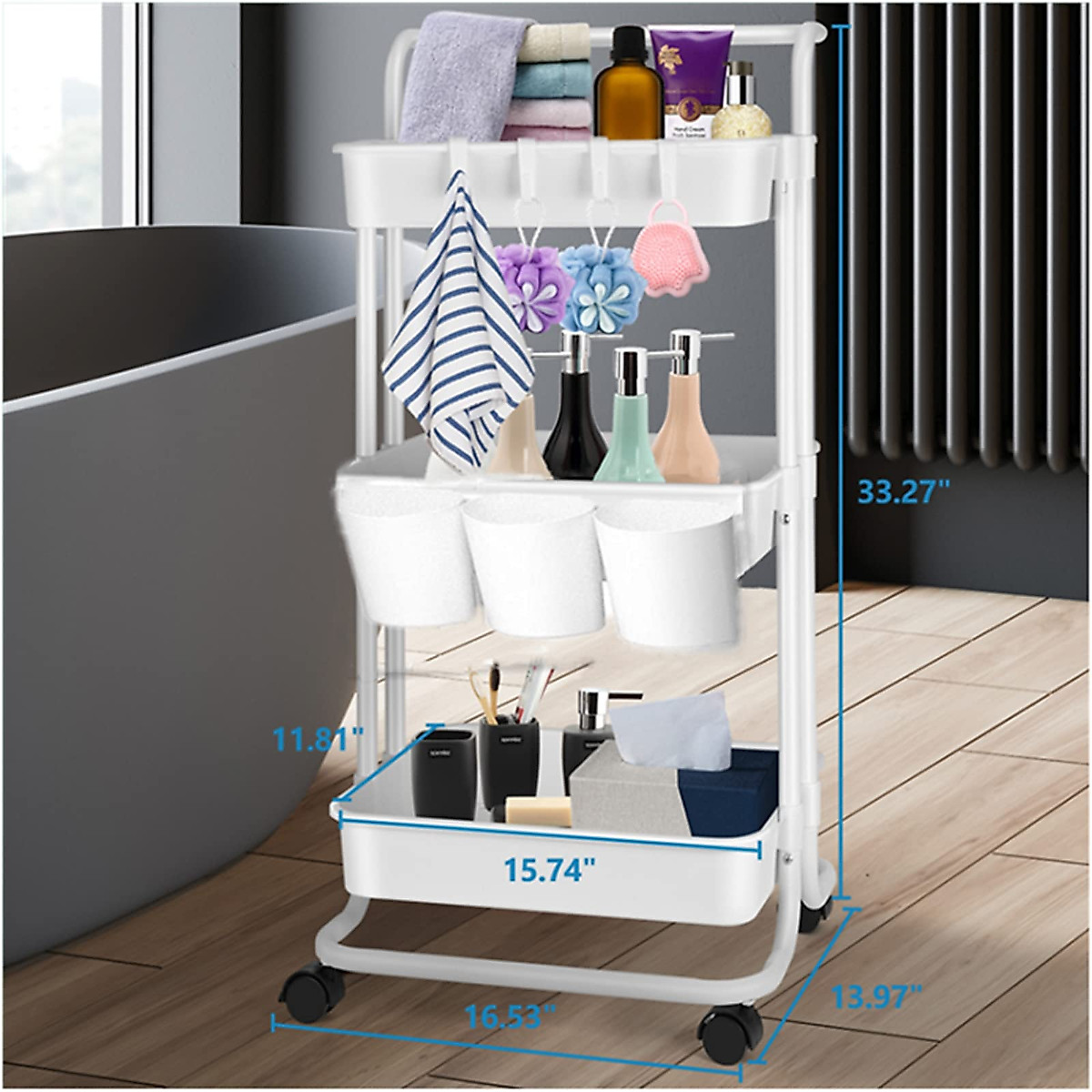 Azmall 3 Tier Utility Rolling Cart - Organizer Cart Storage Cart Makeup Cart Baby Tray Cart with Trolley Handles for Office Bathroom Bedroom (White)