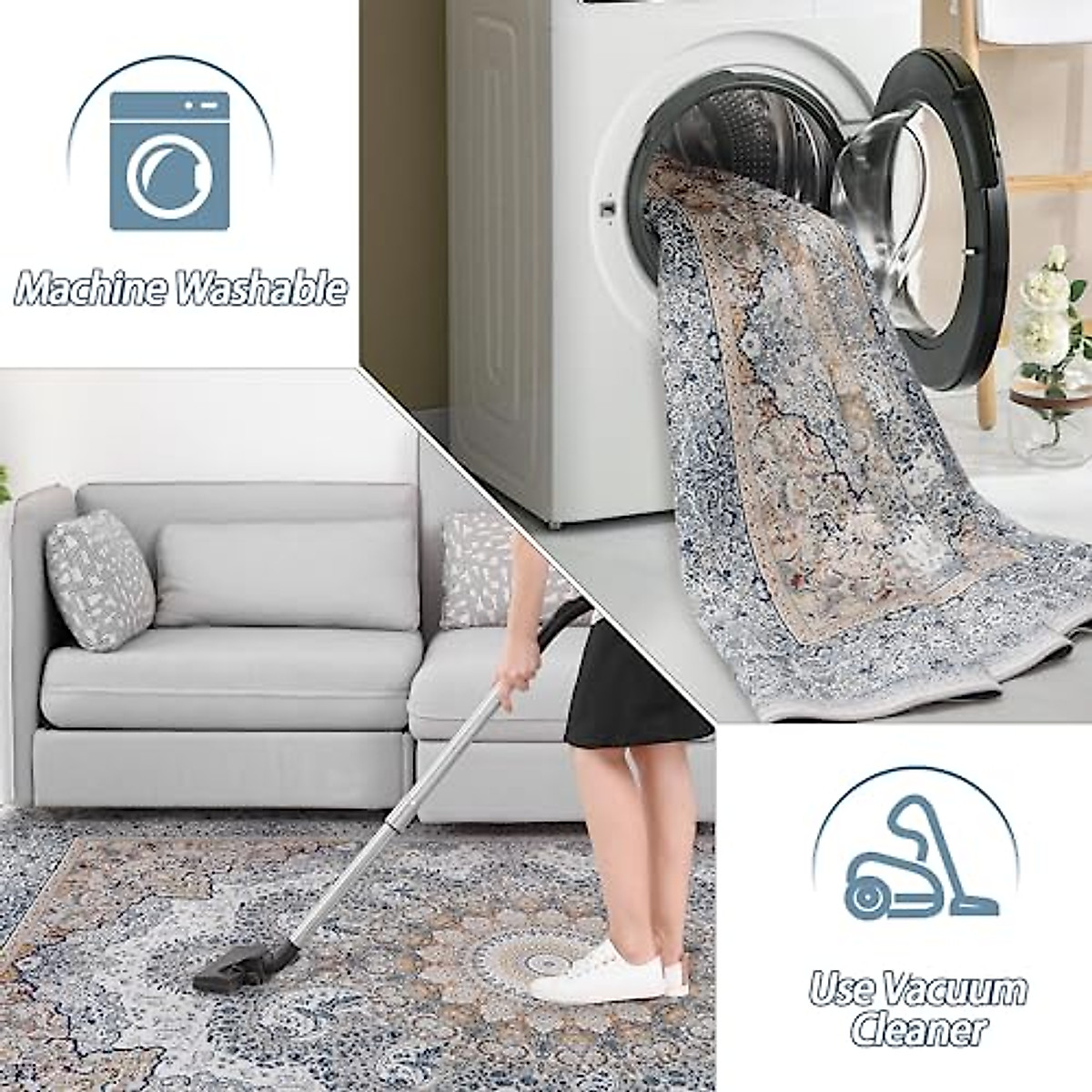 Rugs for Living Room 8x10 Area Rugs: Large Rug Machine Washable with Non-Slip Backing Non-Shedding Stain Resistant, Boho Carpet for Bedroom Dining Room Nursery Home Office Indoor Decor (Blue/Brown)