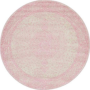 Rugs.com Dover Collection Rug – 5 Ft Round Pink Low-Pile Rug Perfect for Kitchens, Dining Rooms