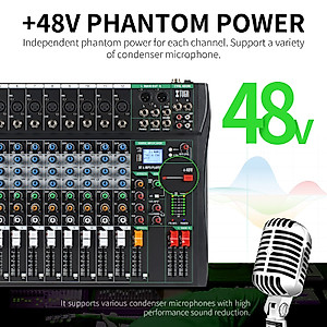 XTUGA CT120 12-Channel Professional Audio Mixer for Computer Recording Sound Controller Interface Built-in Digital Effect Studio Mixer with 48V Phantom Power,RCA Input/Output,MP3,Bluetooth,EQ