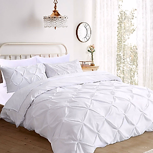 Pinch Pleated Duvet Cover with Zipper Closure and 2 Pillow Shams Silky Satin Pintuck Duvet Cover Set, Elegant Comforter Cover 3 Pieces Set (White, King/Cal King)