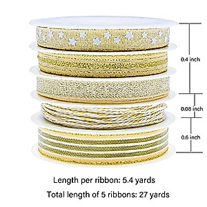 5 Rolls 27 Yards Gold Ribbon, Ribbon for Gift Wrapping, Crafts Fabric for Gift Ribbon, Glitter Ribbon for Wrapping Decoration Wedding Birthday Holiday Gift Wrapping Party
