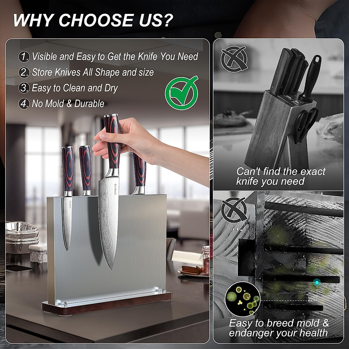 Stainless Steel Magnetic Knife Block magnetic knife holder Magnetic Knife Block Without Knives/Metallic Magnetic Knife Holder Stand/Powerful Magnetism Storage Organizer for Kitchen Knife