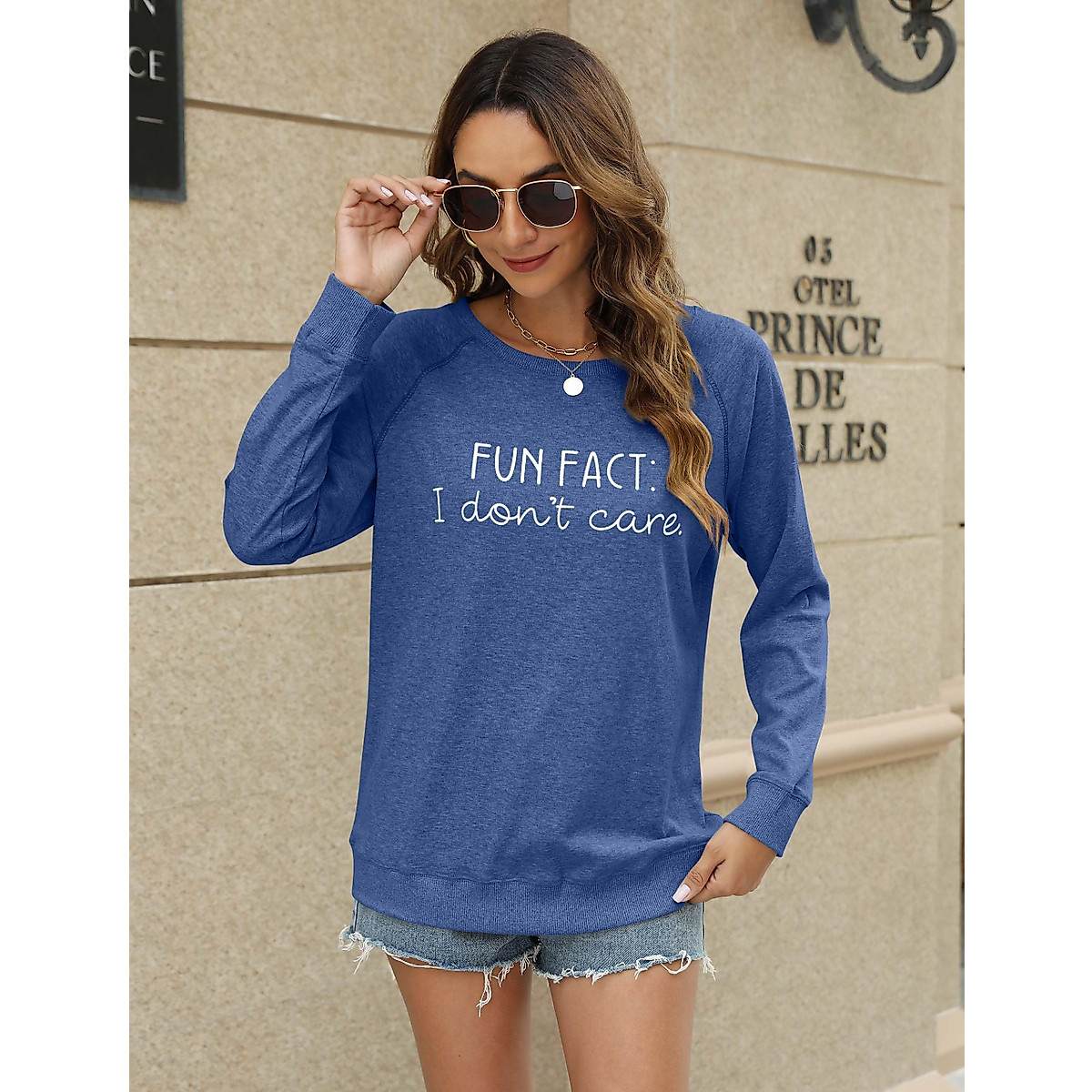 EADINVE "FUN FACT: I don't care Letter Print Women's Crewneck Sweatshirt Raglan Long Sleeve Casual Pullover Tops Blue Medium