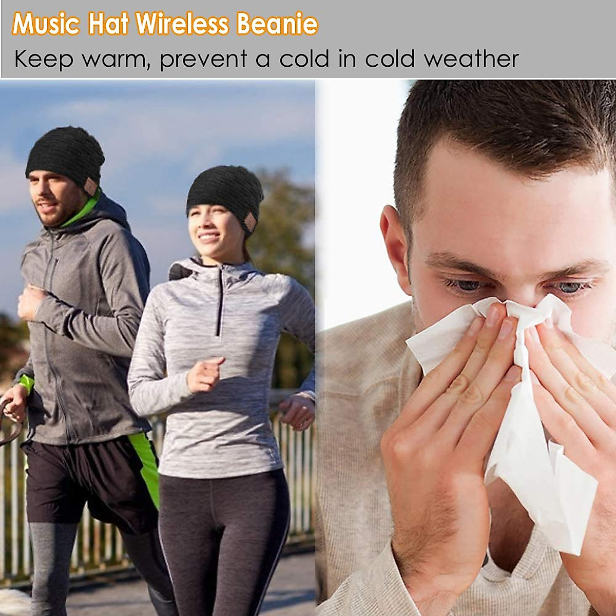 Winter Hats Wireless Beanie Hat with Headphones Smart Beanies Headset Warm Musical Headphone with Built-in Mic Handsfree for Skiing Skateboarding Jogging for Men Women Boys Girls Black