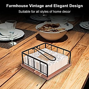 Livabber Flat Napkin Holder, Metal Kitchen Napkin Holder with Weighted Tension Arm Rustic Tissue Paper Dispenser for Countertop, Table Kitchen, Dining Room (With Wooden Base, Black)