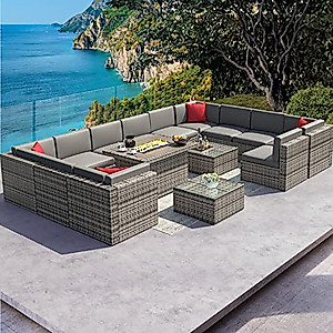 Aoxun Patio Furniture Set with Fire Pit Table 15 PCS Outdoor Furniture Outdoor Wicker Patio Conversation Sets with 44'' Gas Fire Pit Table Coffee Table, Grey