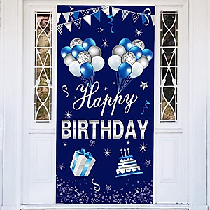 Blue Silver Happy Birthday Door Banner Decorations for Men Boys, Happy Birthday Door Cover Sign Party Supplies, 16th 21st 30th 40th 50th 60th Birthday Background Photo Booth Decor