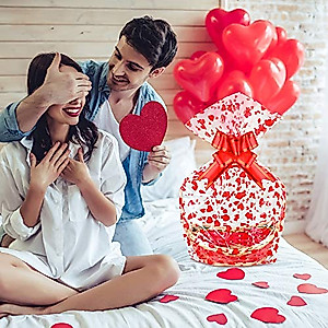 MIAHART 20 Pieces Mother's Day Valentine Large Basket Bags with 20 Pieces Bows Ribbon 23 x 35 Inches Cellophane Bags Heart Printed Cellophane Wrap for Baskets, Weddings, Bridal or Baby Showers