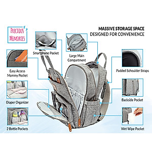 Precious Memories Toddler Diaper Backpack with Portable Changing Mat - Water-Resistant Baby Bag - Large Diaper Bag for Toddlers - Newborn essentials