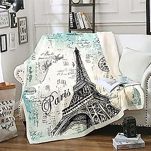 Eiffel Tower Sherpa Blanket Women Chic Retro Paris Theme Fleece Throw Blanket Vintage Paris Cityscape Plush Blanket Bedroom Decor French Teal Fuzzy Blanket Throw 50"x60"