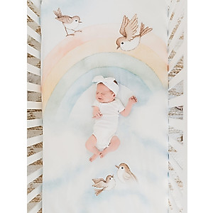 Rookie Humans 100% Cotton Sateen Fitted Crib Sheet: Rainbow and Birds. Modern Nursery, Use as a Photo Background for Your Baby Pictures. Standard Crib Size (52 x 28 inches)