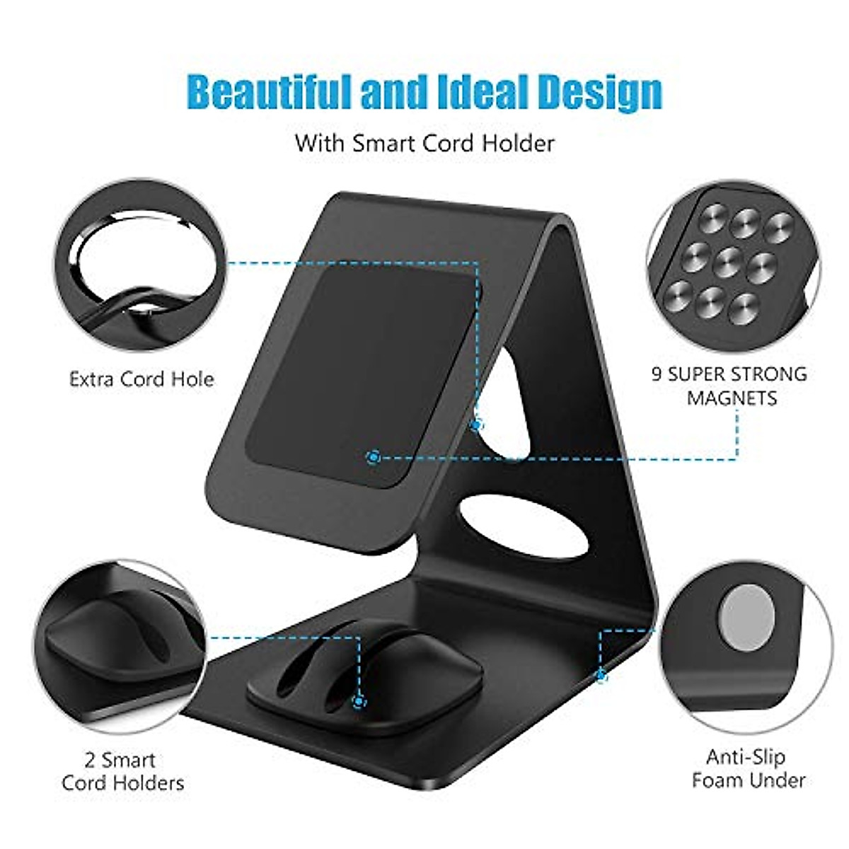 WixGear Cell Magnetic Phone Stand, Premium Phone Holder for iPhones, Android Smartphones & Mini Tablets –Sturdy Metal Phone Stand for Desk with Smart Cord Holder, Magnetic Cell Phone Mount