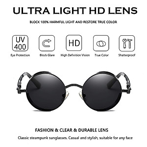Dollger Sunglasses Unisex Vintage Steampunk Gothic Retro Metal Round Circle Frame Sunglasses 2 pairs Pack Black lens and Red Lens