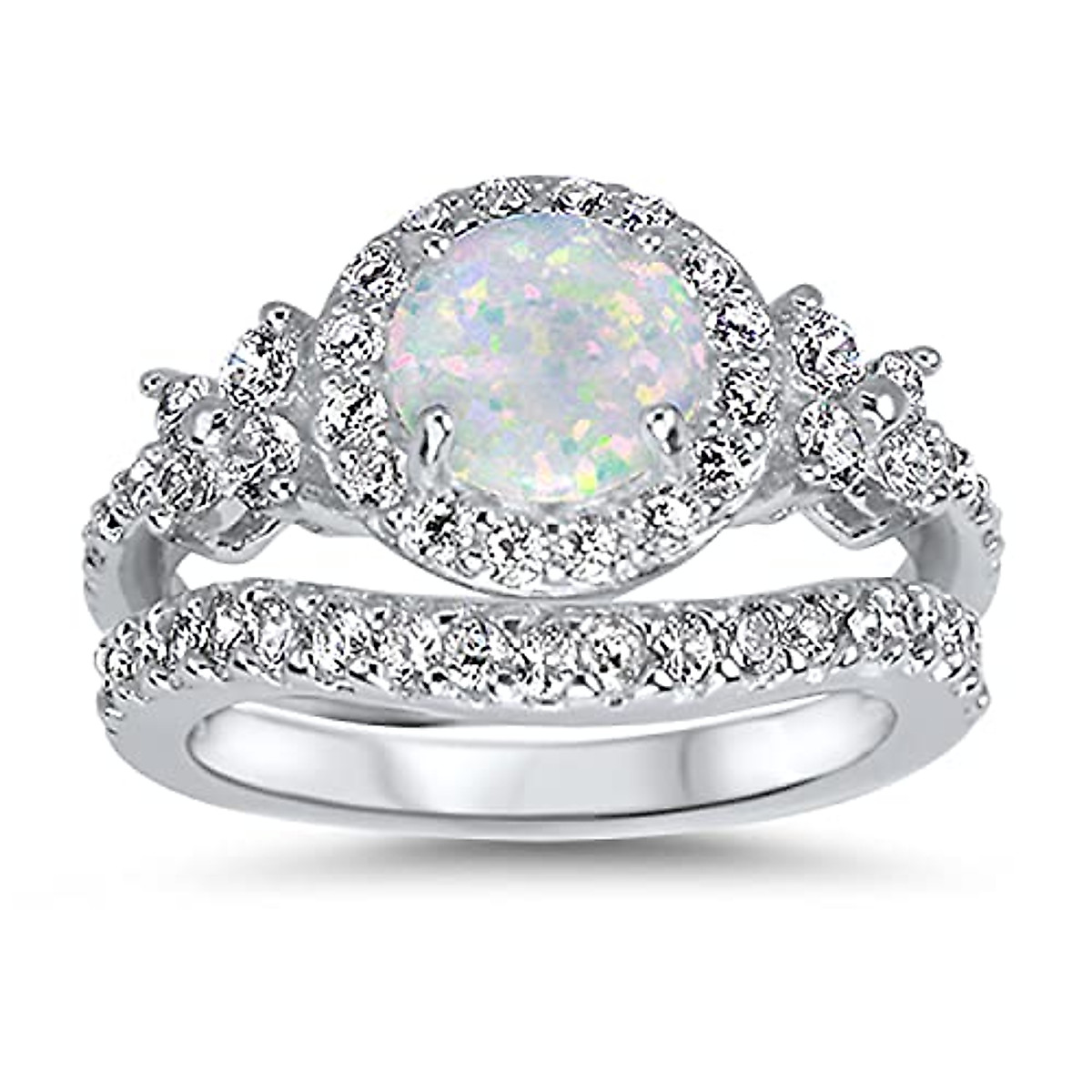 LaRaso & Co His Hers TRIO Wedding Set Titanium Band Sterling Silver White Opal Bridal Engagement Ring Set Him Her 9/6