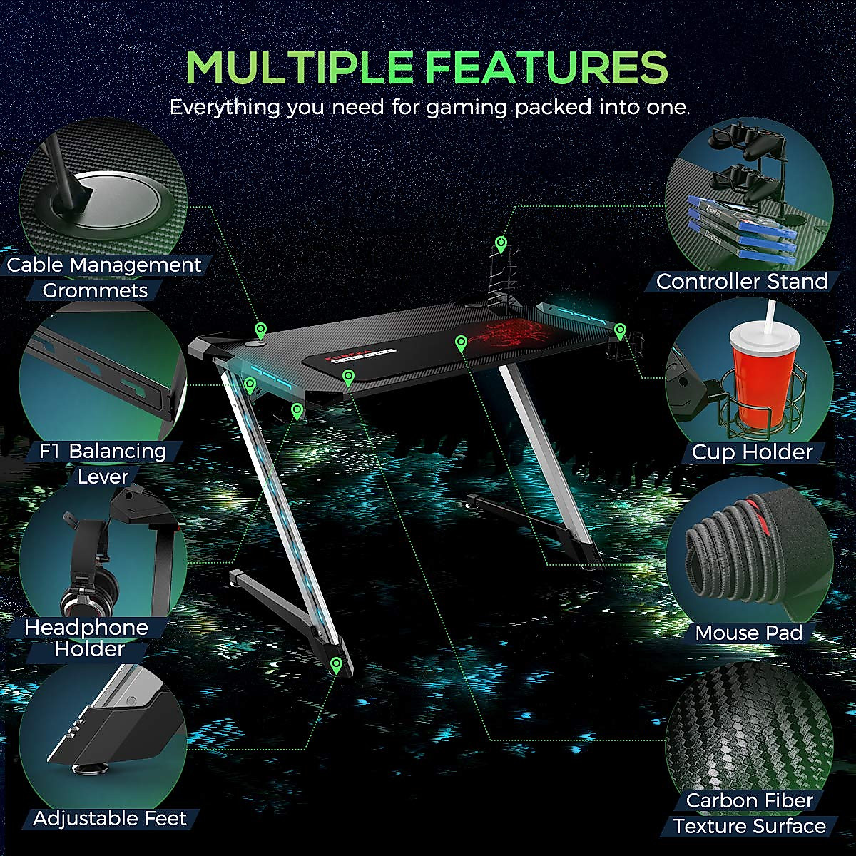 EUREKA ERGONOMIC Z1S PRO Gaming Computer Desk RGB LED Lights 44.5 inch Z Shaped Home Office PC Gaming Desks Table with Cup Holder Headset Hook & Mouse Pad, Sliver