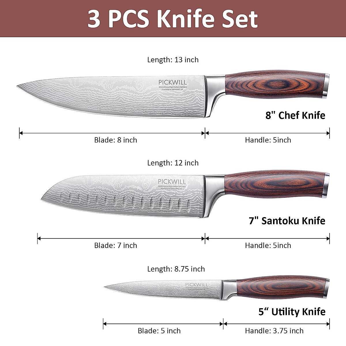 PICKWILL Kitchen Knife Set, 3-Piece Chef Knife Set, Sharp Knives Set with Wooden Handle, High Carbon Stainless Steel Professional Kitchen Knives, Elegant Gift Box for Home or Restaurant