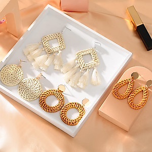 TOSGMY 9-12 Pairs Rattan Earrings for Women Handmade Boho Tassel Earrings Lightweight Acrylic Earrings Set (D)