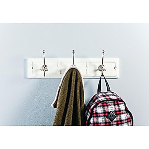 Liberty 22 inch Stylish Wall Mounted White and Satin Nickel Wardrobe Hook Rail/Coat Rack with 3 Pretty Dual Hanger Hooks for Coats, Hats, Scarves, Key • Extra Wide Hanging Space