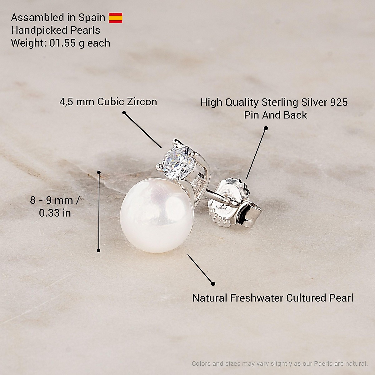 Women Pearl Stud Earrings, Fresh Water Cultured Pearls Button Shape 8-9 mm with a Cubic Zirconia Stone by Secret & You | Sterling Silver 925 Mounts with big nuts.