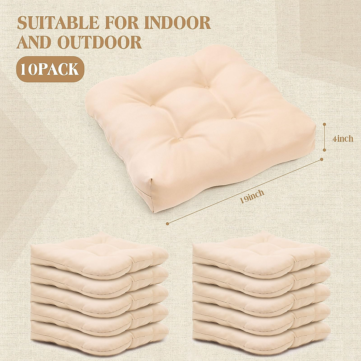Thyle 10 Pcs Outdoor Cushions Tufted Seat Cushions, 19 x 19 Inches Water Resistant Square Patio Seat for Outdoor Patio Furniture(Cream Color)