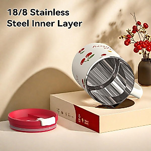 Maiyuansu Cherry Print Stainless Steel Tumbler with Handle Insulated Coffee Cup with Hadle and Lid Portable Travel Mug Water Bottle Double Wall Insulation