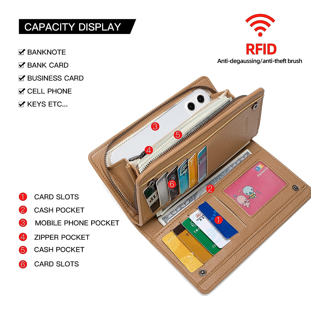 TOYOHOLA Purses Wallets for Women RFID Blocking PU Leather Zip Around Ladies Clutch Purse (Lip-Black)