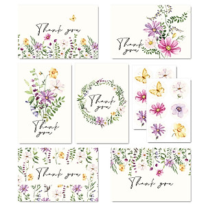 AnyDesign 36 Pack Floral Thank You Cards Watercolor Wildflower Greeting Cards with Envelopes Stickers Spring Midsummer Blank Note Cards for Birthday Wedding Baby Shower Bridal Shower, 4 x 6 Inch