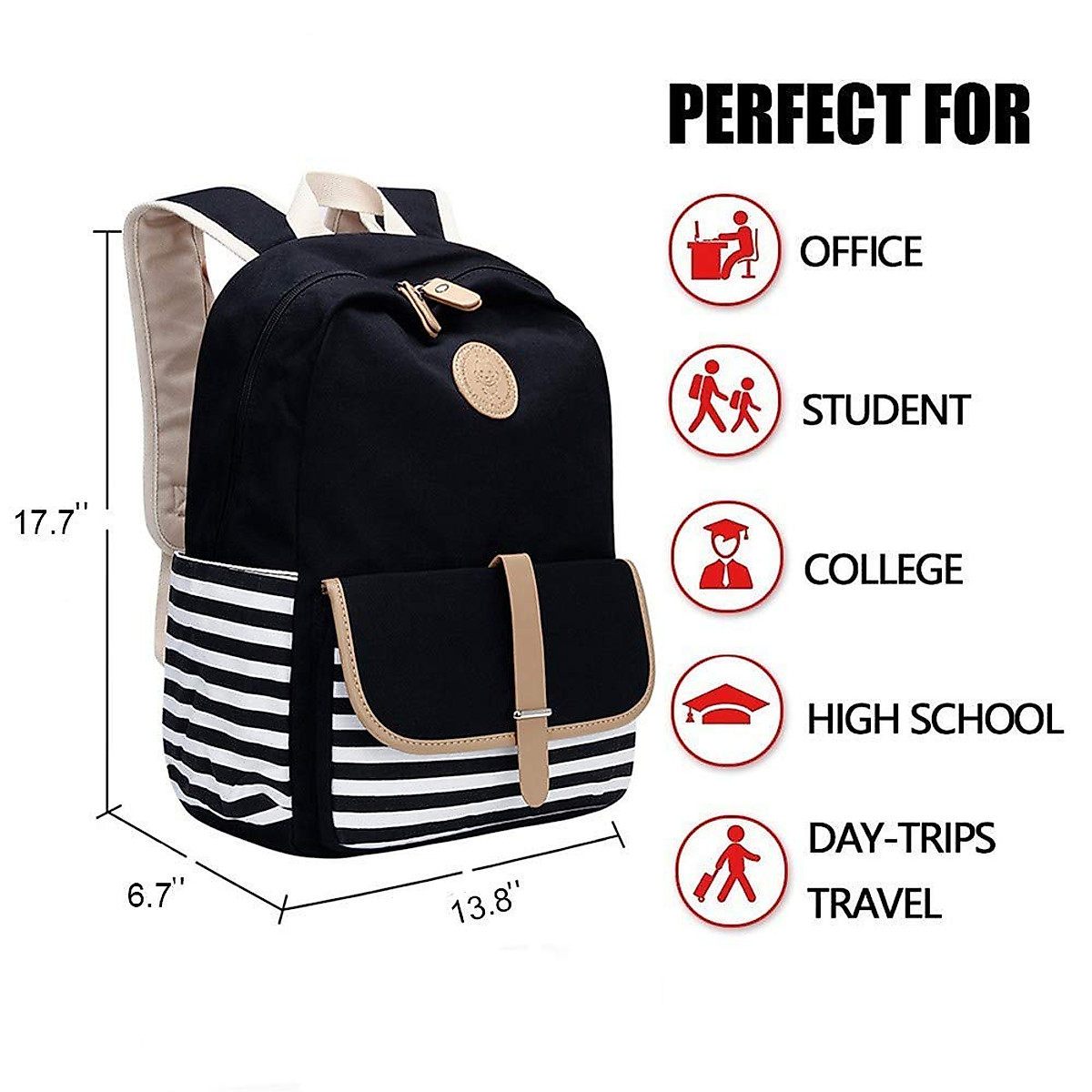 FLYMEI Cute Backpack for Girls, Lightweight Canvas Backpack for Girls/Boys, 15.6 Inch Laptop Backpack for Men, Durable Women Cute Backpack, Waterproof Black Bookbags for Teens