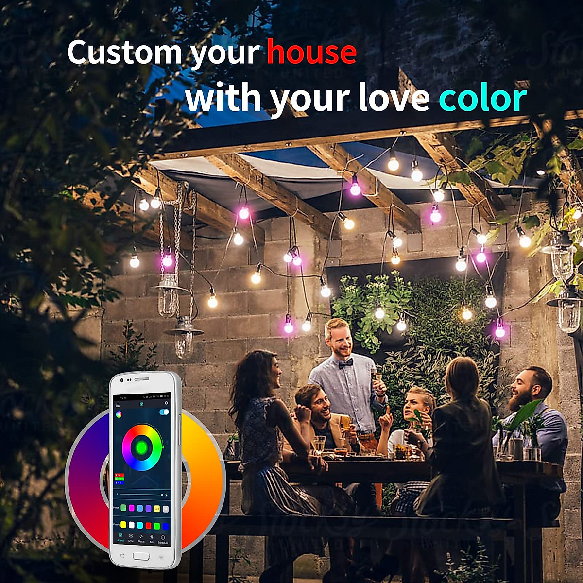 morefulls Outdoor String Lights - 48ft Multi-Color LED Patio Lights Withwith 15 Dimmable RGB LED Bulbs App Control IP65 Waterproof Colorful LED Bulbs