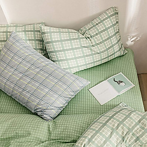 LifeTB 4 PCS Reversible Green Plaid Duvet Cover Set 【1 Queen Duvet Cover + 2 Standard Pillowcases + 1 Queen Fitted Sheet】