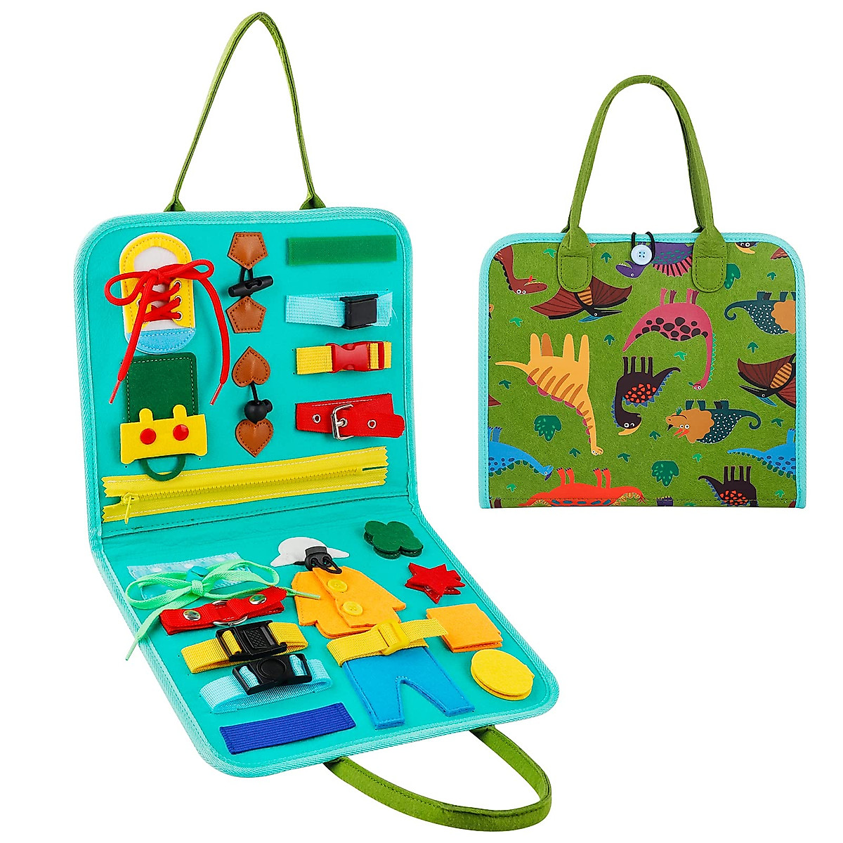 Busy Board for Toddler 1-3 Years Old - Dinosaur Montessori Sensory Toys Baby Kids Activities Travel Educational Toy Preschool Learning Fine Motor Skills Basic Dressing Skills Airplane and Car