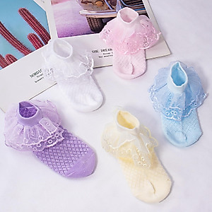 Looching 5 Pairs Toddler Girls Ruffle Lace Socks Cotton Baby Kids Mesh Thin Frilly Ankle Princess Dress Sock 1-9T Multicolor