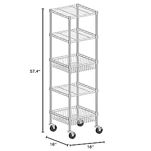 Home Storage Space HSS 5 Tier Wire Shelving Tower with Casters, 16 inch x16 inch x53.7 inch H, Chrome