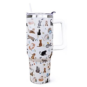 ZNYYZYBA 40 oz Tumbler With Handle and Straw, Cat Tumbler With Leak Proof Lid, Reusable Stainless Steel Insulated Travel Coffee Mug, Gifts for Cat Lovers