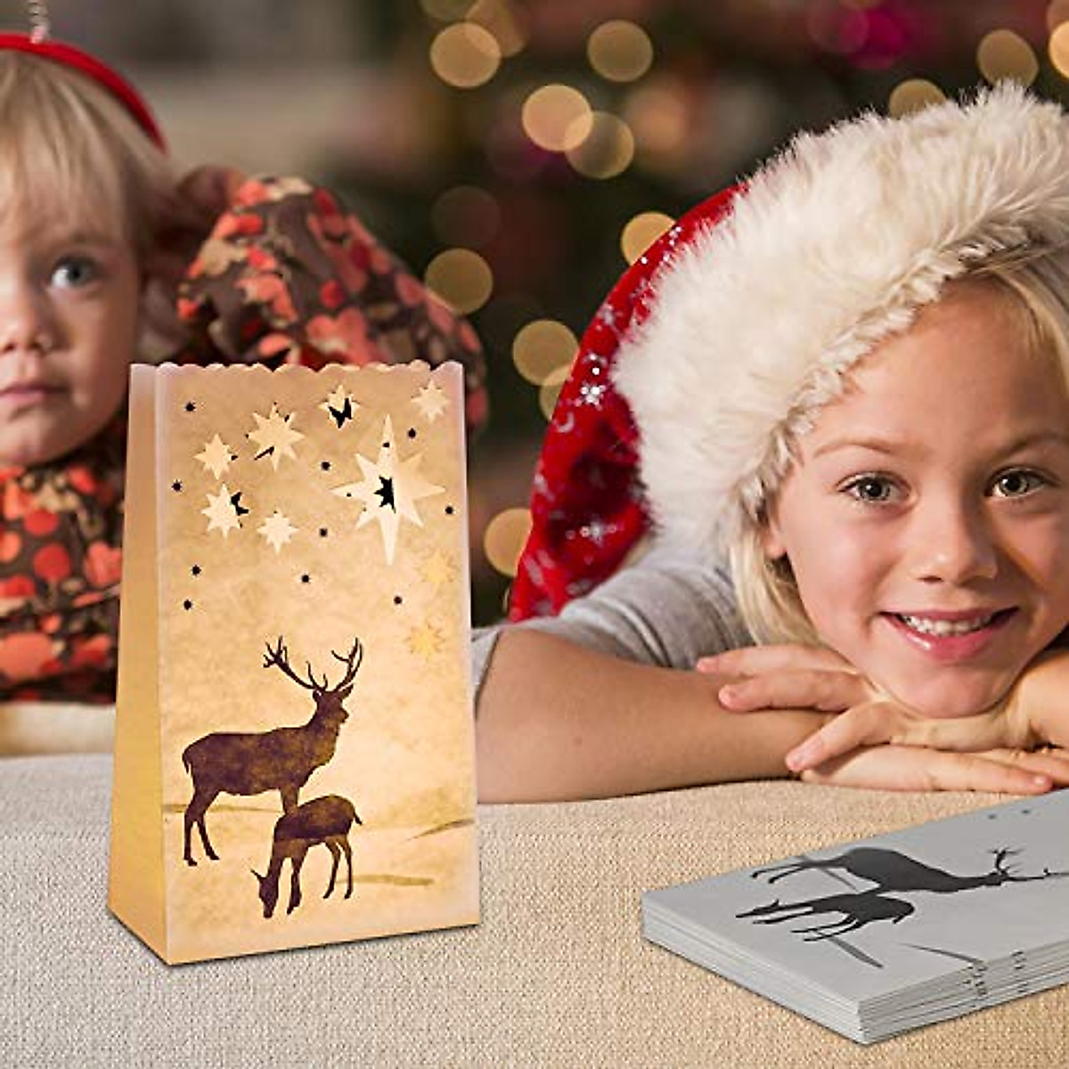 Homemory 24-Count Christmas Luminary Bags - Flame Resistant Tealight Candle Bags - Stars Elks Deer Luminaries for Thanksgiving, Christmas, Party Decoration