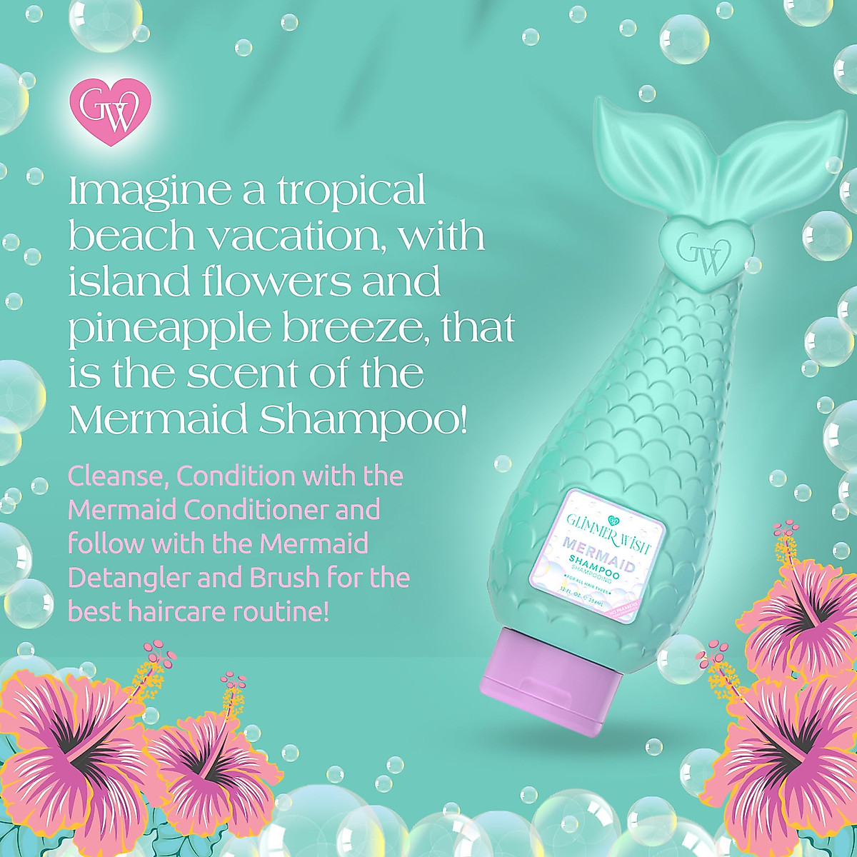 Glimmer Wish Mermaid Kids Shampoo, Paraben and Sulfate Free Shampoo for Soft and Manageable Hair, Kids Hair Care, Tropical Beach Scent, 12 Fl Oz