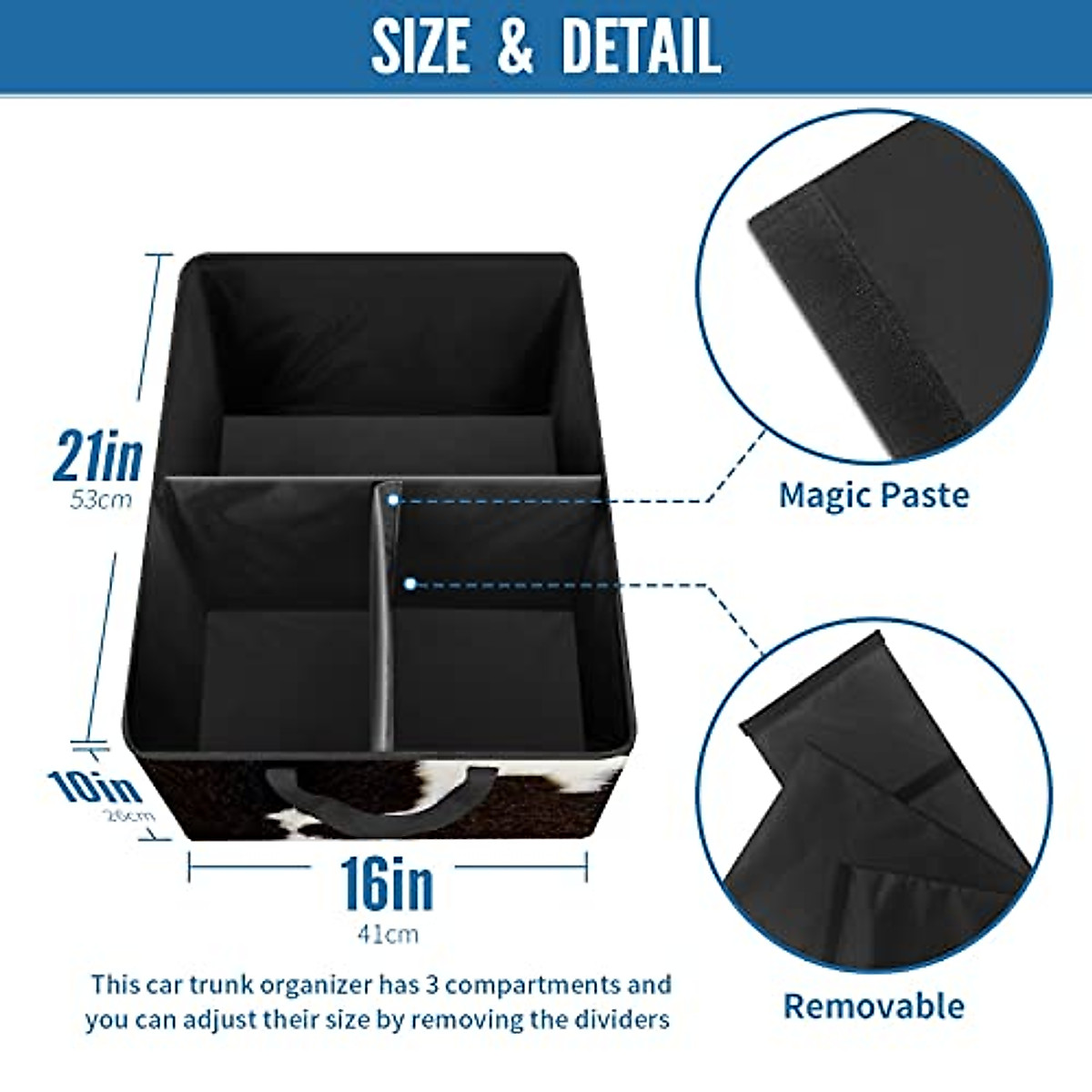 GACTIVITY Black And White Cowhide Car Trunk Organizer,Collapsible Cargo Storage Tote Bag,Non Slip,3 Divider Compartments, Automotive Interior Accessories for Auto SUV Truck Vehicle Picnic Camping