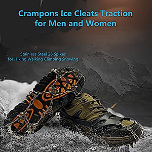 Crampons Ice Cleats Traction Snow Grips for Shoes and Boots Anti Slip Stainless Steel 28 Spikes Ice Crampons for Men Women Kids - Microspikes for Hiking, Walking, Climbing, Jogging, Ice Fishing Snow