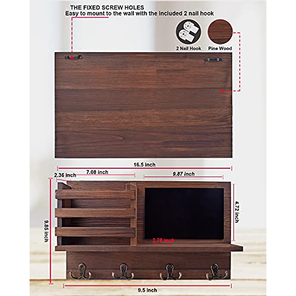 Megadream Key Holder for Wall, Front Door Organizer Wooden Mail Letter Holder Box, Key Ring Holder for Wall with Chalkboard, 4 Double Key|Coat|Bag Hooks