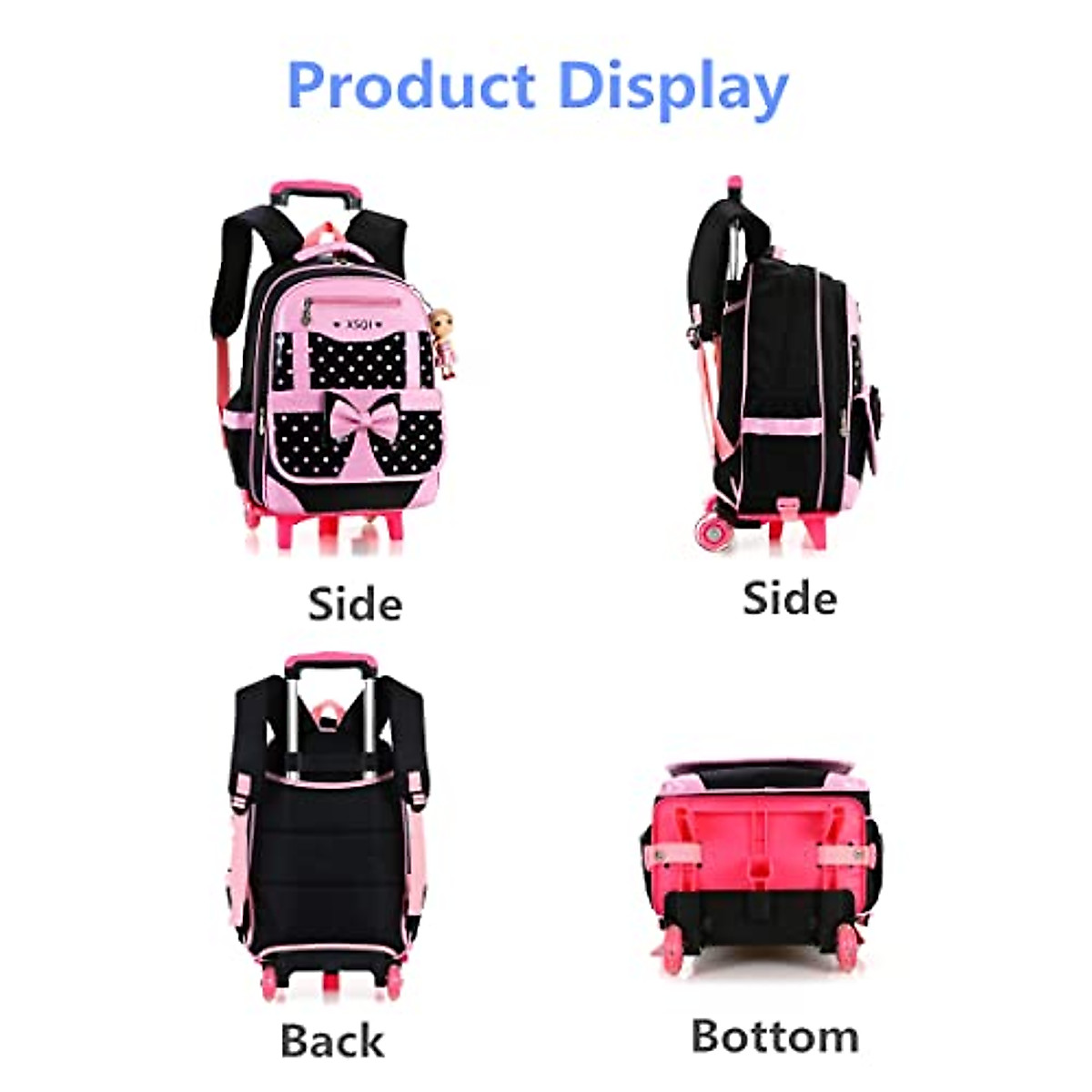 Bowknot Kids Rolling School Backpack 2Pcs Polka Dot Princess Style Trolley Bookbag on Two Wheels