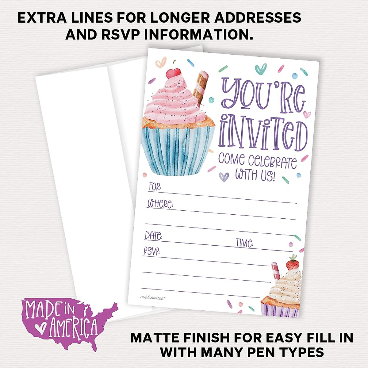 Cupcake Birthday Party Invitations (20 Count With Envelopes) - Watercolor Cupcakes And Sprinkles Birthday Invites
